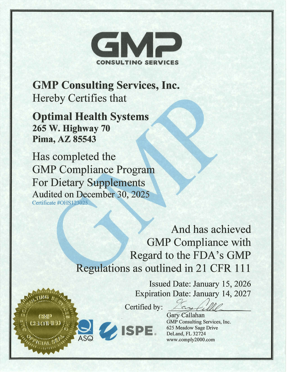 GMP Certification – Optimal Health Systems